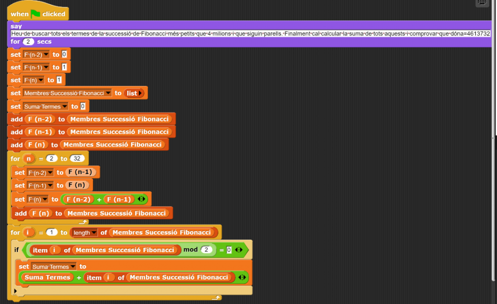 Càlcul de la suma de termes parells de la successió de Fibonacci ...